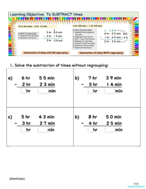 SUBTRACTION OF TIMES. Interactive worksheet | TopWorksheets
