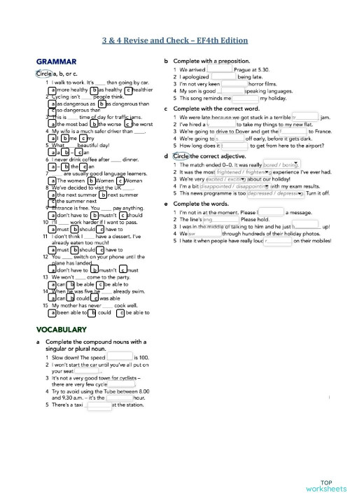 EF 4th edition Intermediate Revise and Check Units 3 and 4. Interactive worksheet | TopWorksheets