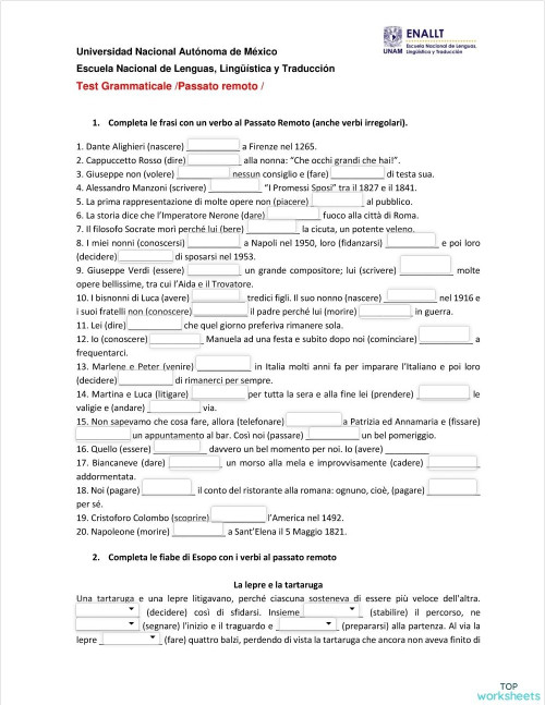 TEST PASSATO REMOTO. Scheda interattiva | TopWorksheets