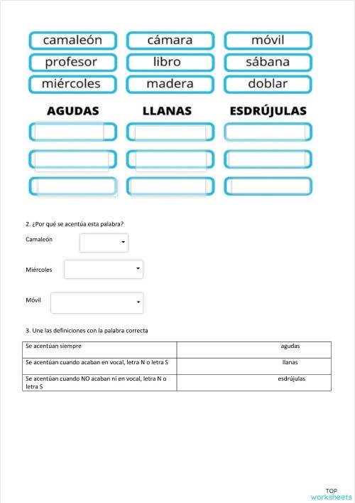 Ficha agudas, llanas y esdrújulas. Ficha interactiva | TopWorksheets