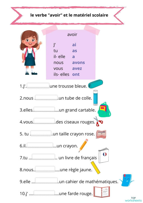 le matériel scolaire et le verbes "avoir". Interactive worksheet ...