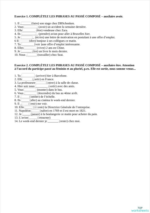 PASSÉ COMPOSÉ - RÉVISION. Fiche interactive | TopWorksheets