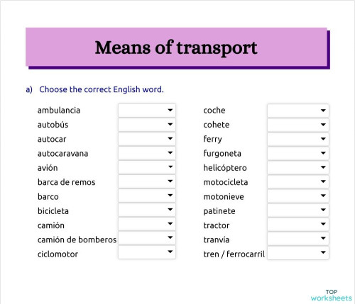Means of transport (simple). Interactive worksheet | TopWorksheets