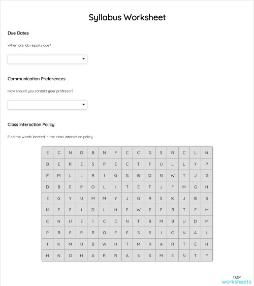 Syllabus Worksheet. Interactive worksheet | TopWorksheets