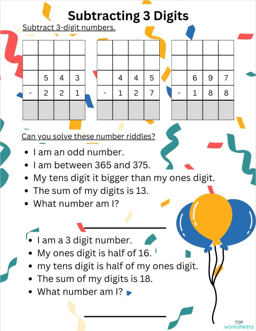 Subtracting 3 Digits. Interactive worksheet | TopWorksheets