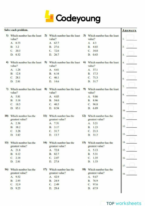 Comparison of Decimals Concept CW. Interactive worksheet | TopWorksheets