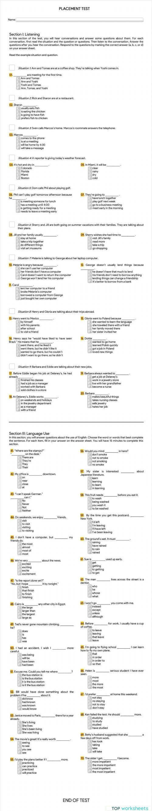 Interchange Placement Test 2. Interactive worksheet | TopWorksheets