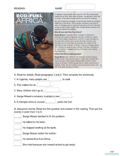 READING - ECO-FUEL AFRICA. Interactive worksheet | TopWorksheets