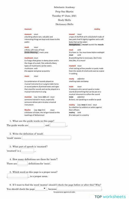 Study Skills Dictionary Skills. Interactive worksheet | TopWorksheets