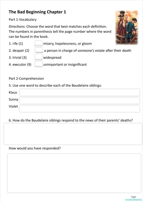 The Bad Beginning Chapter 1 Comprehension. Interactive worksheet ...