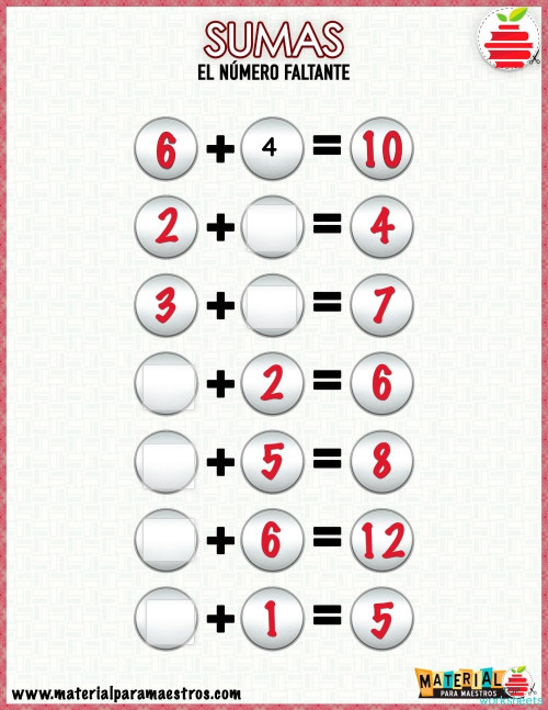 Sumas (El número faltante). Ficha interactiva | TopWorksheets