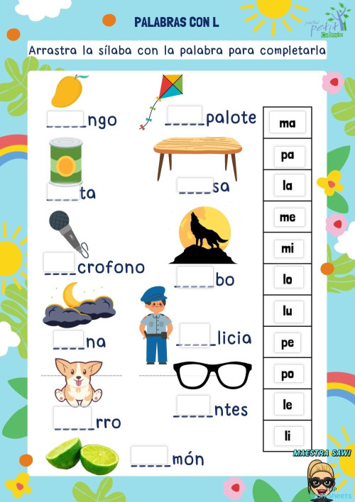 formar palabras que inician con m, p, l _k3 petit. Ficha interactiva | TopWorksheets