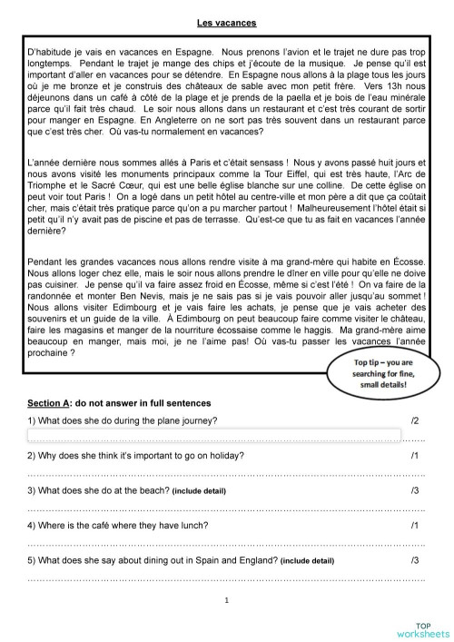 Y8 French Les vacances. Interactive worksheet | TopWorksheets