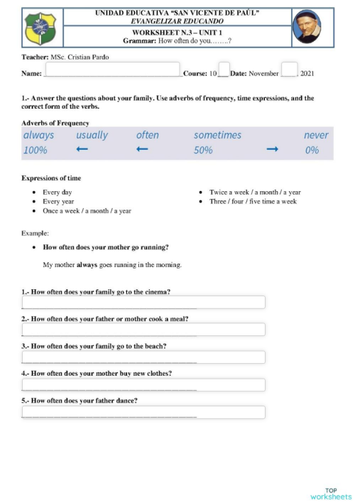 10th A - UNIT 1: How often............?. Interactive worksheet ...
