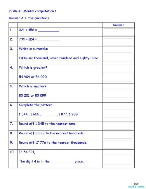Mental computation 1. Interactive worksheet | TopWorksheets
