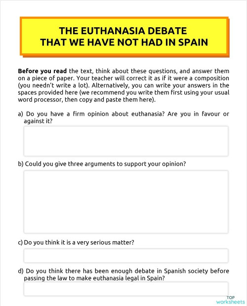 The Euthanasia Debate in Spain. Interactive worksheet | TopWorksheets