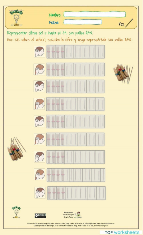 Representar cifras con palillos ABN 02. Ficha interactiva | TopWorksheets