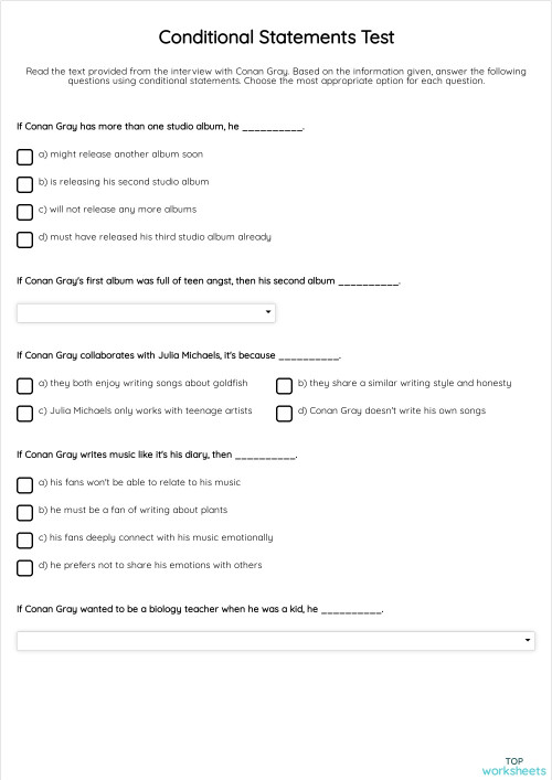 Conditional Statements Test. Interactive worksheet | TopWorksheets