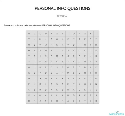 PERSONAL INFO QUESTIONS. Interactive worksheet | TopWorksheets