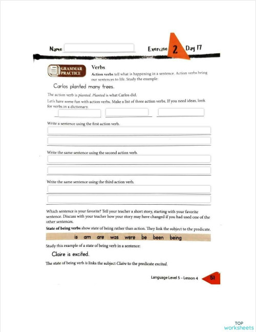 Lesson 4: Verbs Pg 51. Interactive worksheet | TopWorksheets