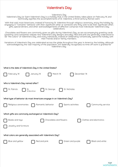Valentine's Day. Interactive worksheet | TopWorksheets
