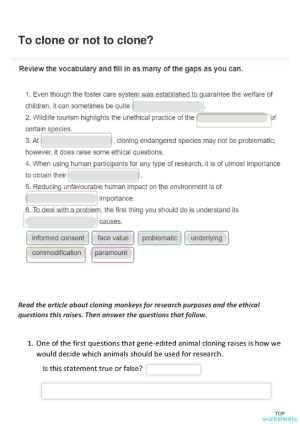 TO CLONE OR NOT TO CLONE. Interactive worksheet | TopWorksheets