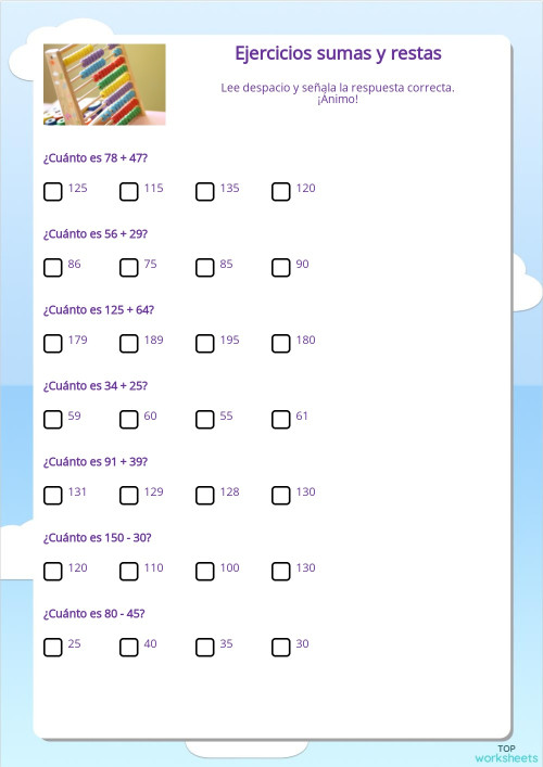 Ejercicios sumas y restas. Ficha interactiva | TopWorksheets
