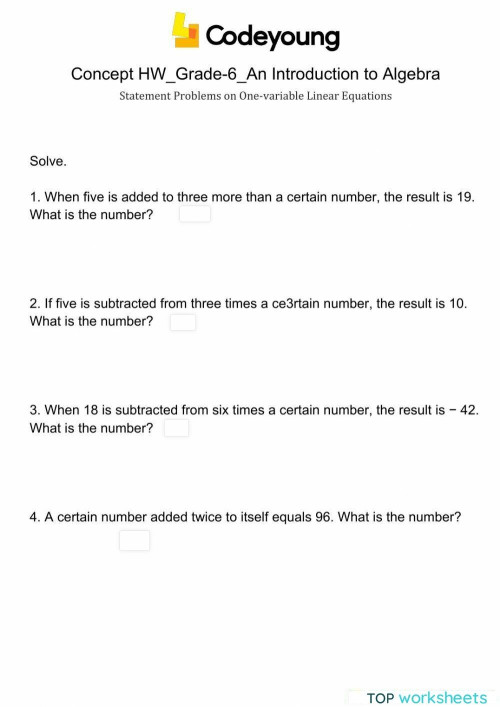Statement Problems on One-variable Linear Equations Concept Hw. Interactive worksheet ...
