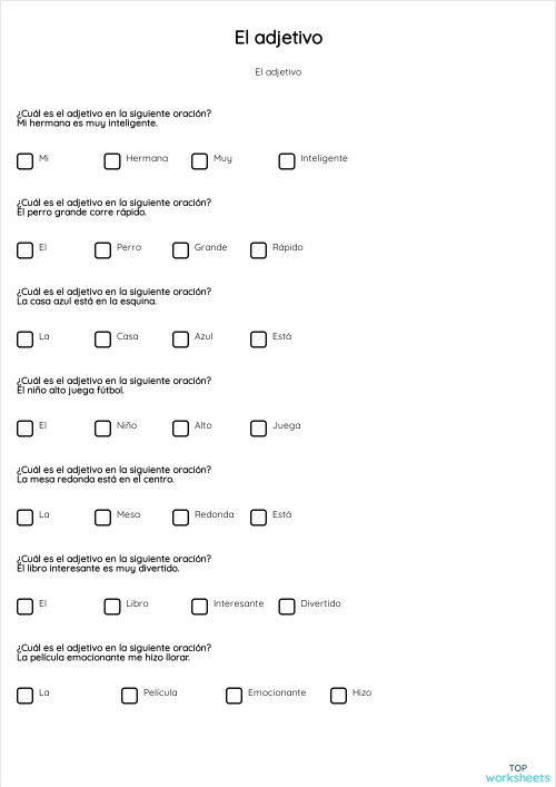 Adjetivos: fichas interactivas y ejercicios online | TopWorksheets