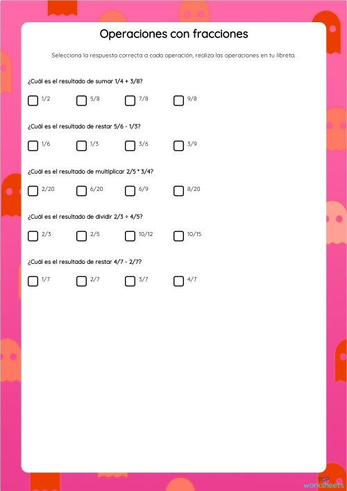 Operaciones con fracciones. Ficha interactiva | TopWorksheets