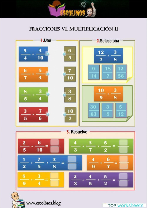 Fracciones VI. Multiplicación II. Ficha interactiva | TopWorksheets