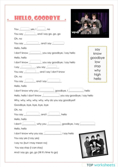 Hello, Goodbye Beatles. Interactive worksheet | TopWorksheets