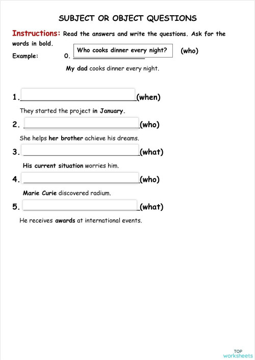 SUBJECT AND OBJECT QUESTIONS. Interactive worksheet | TopWorksheets