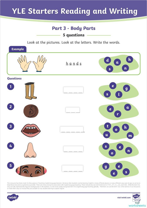 Body Parts Starters A1. Interactive worksheet | TopWorksheets