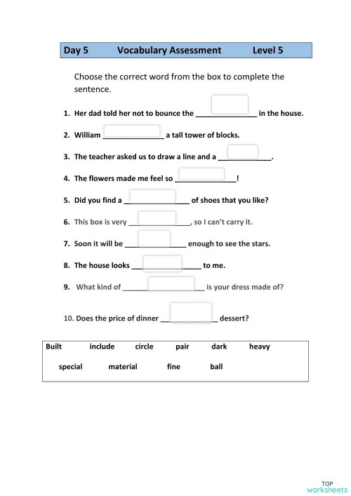 Day 5 Level 5 Vocabulary Assessment. Interactive worksheet | TopWorksheets