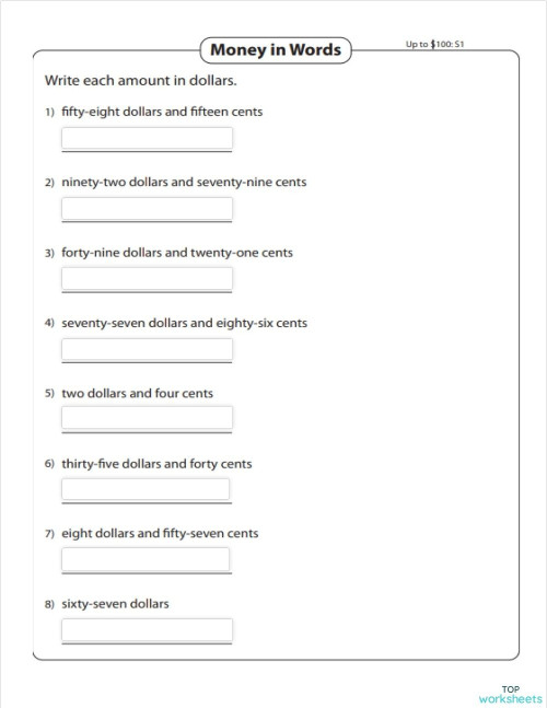 Money in Words. Interactive worksheet | TopWorksheets