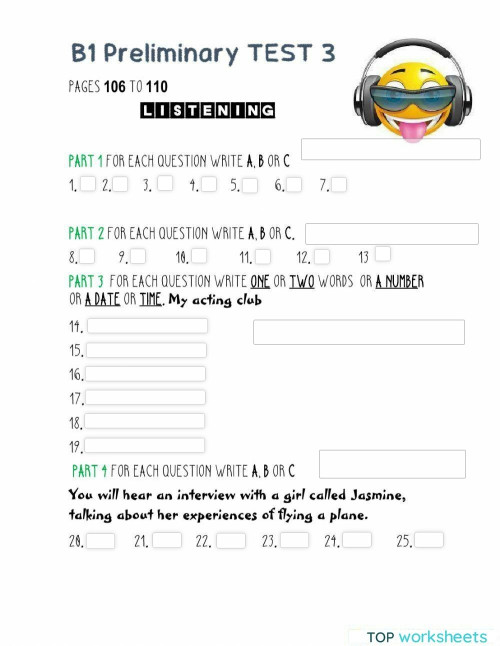 B1 for schools trainer Listening TEST 3 - Answer sheet. Interactive ...