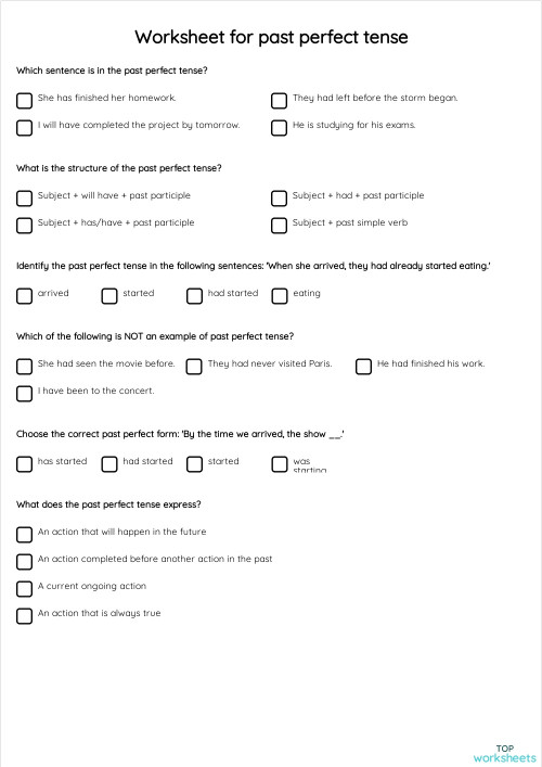 Worksheet for past perfect tense. Interactive worksheet | TopWorksheets