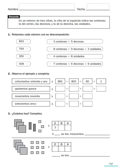 NÚmeros De Tres Cifras DescomposiciÓn Ficha Interactiva Topworksheets
