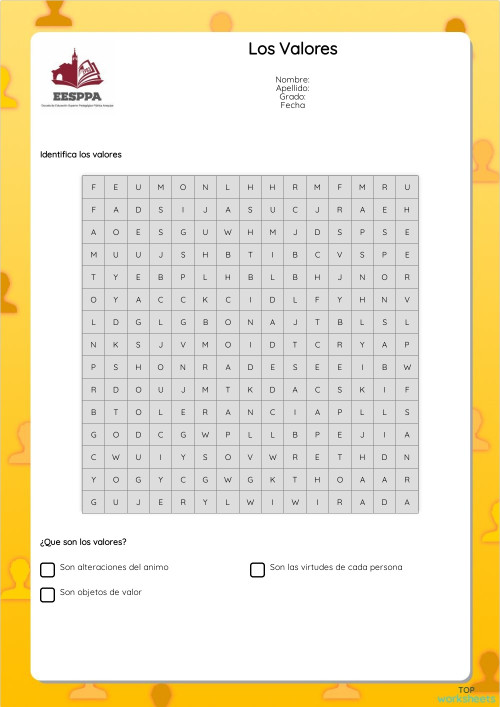 Los Valores. Ficha interactiva | TopWorksheets