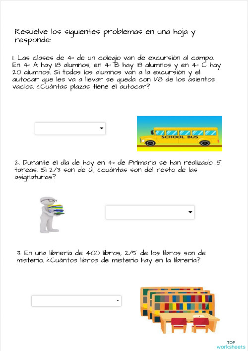 Problemas con la fracción de un número. Ficha interactiva | TopWorksheets