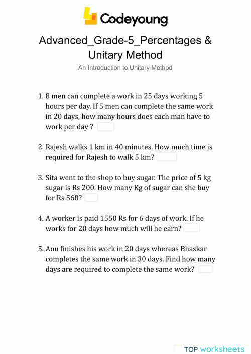 Advanced-An Introduction to Unitary Method. Interactive worksheet ...