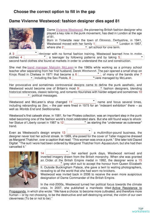 Dame Vivienne Westwood: Semi-cloze test. Interactive worksheet ...