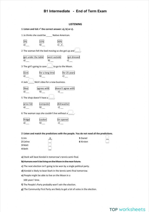 B1 Intermediate-End of Term Exam. Interactive worksheet | TopWorksheets