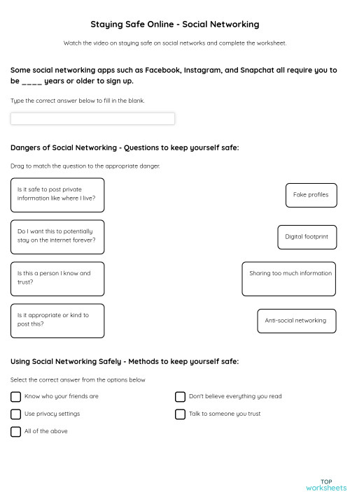 Staying Safe Online - Social Networking. Interactive worksheet ...