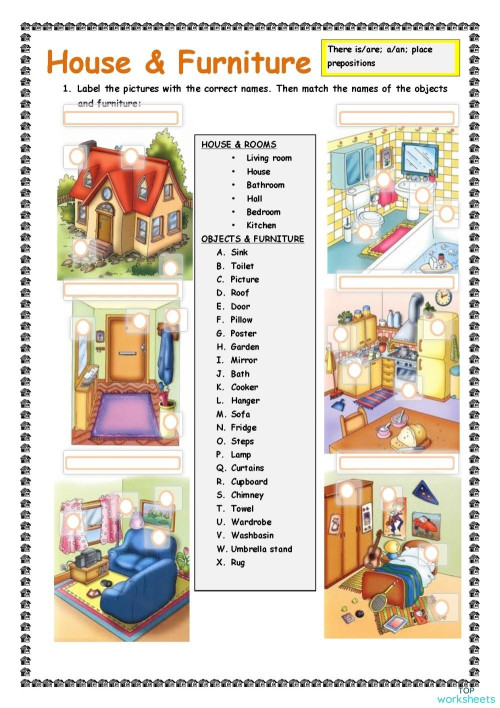 House and furniture. Interactive worksheet | TopWorksheets