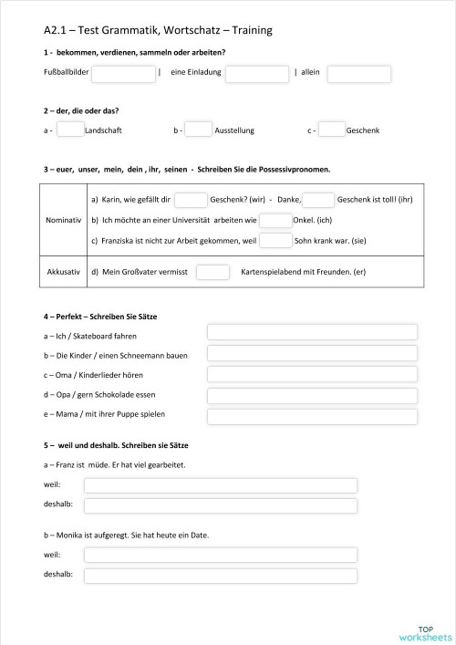A2.1 - T1 Grammatik, Wortschatz - Training. Interaktives Arbeitsblatt | TopWorksheets