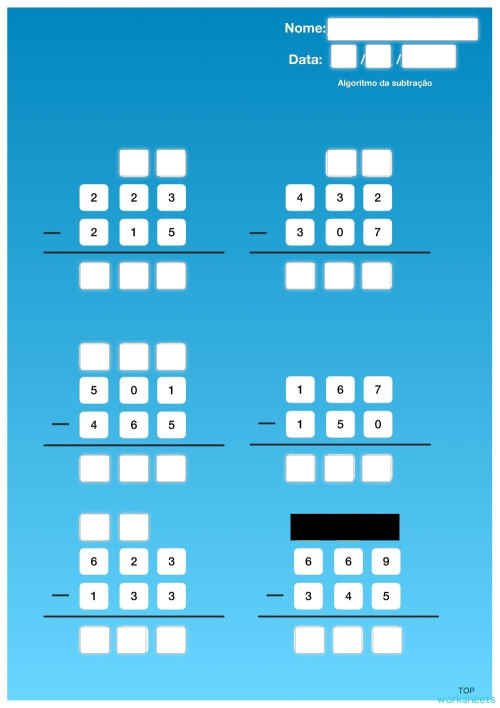 Algoritmo adição subtração. Scheda interattiva | TopWorksheets