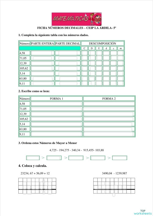 Suma y restas de decimales. Ficha interactiva | TopWorksheets