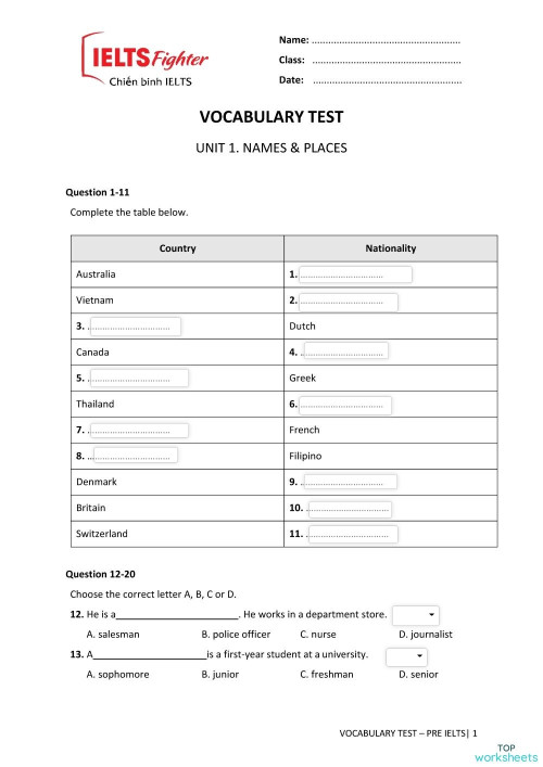 VOCAB TEST 1. Interactive worksheet | TopWorksheets